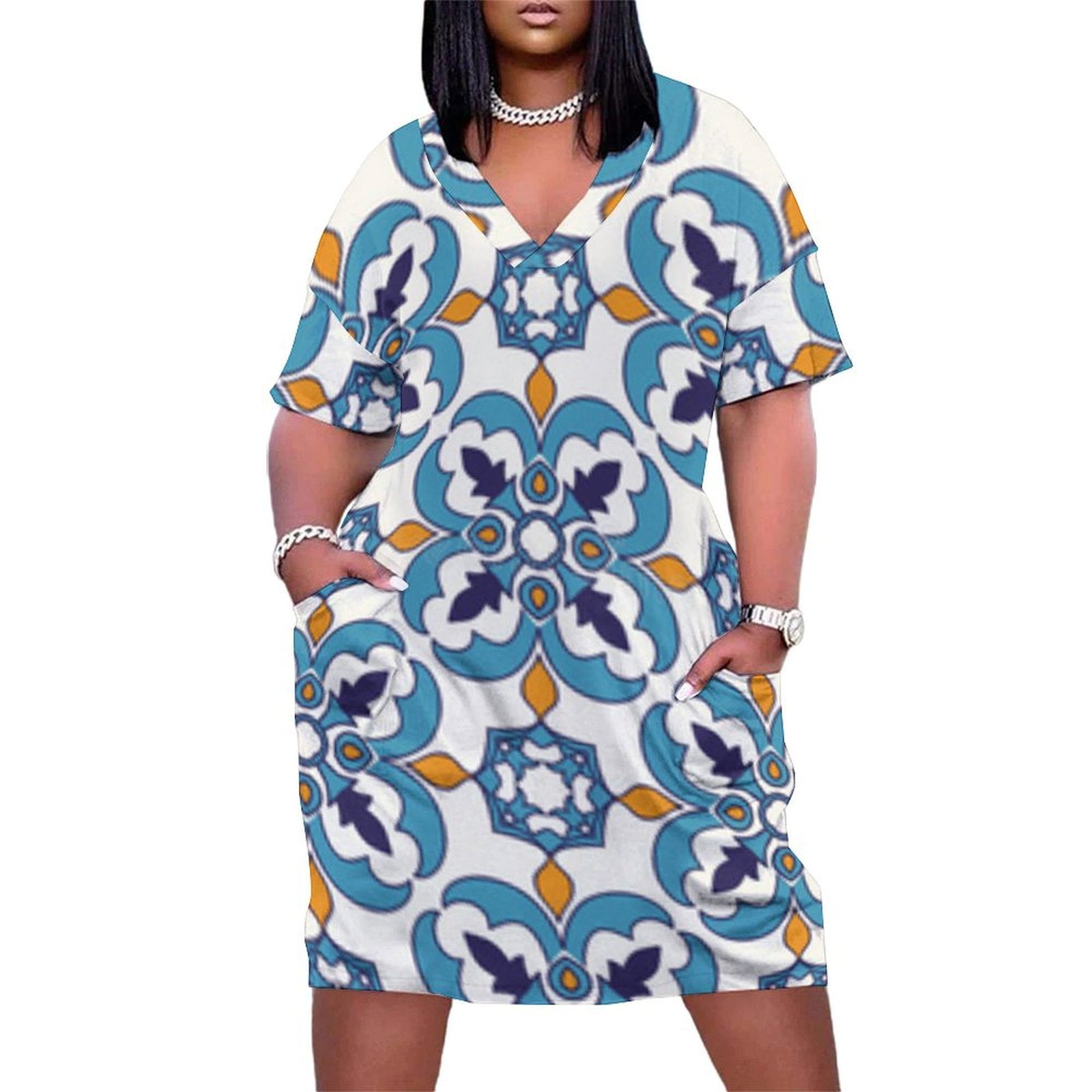 Blue Orange Floral Tile Pattern Women's Summer Short Sleeve Casual ...