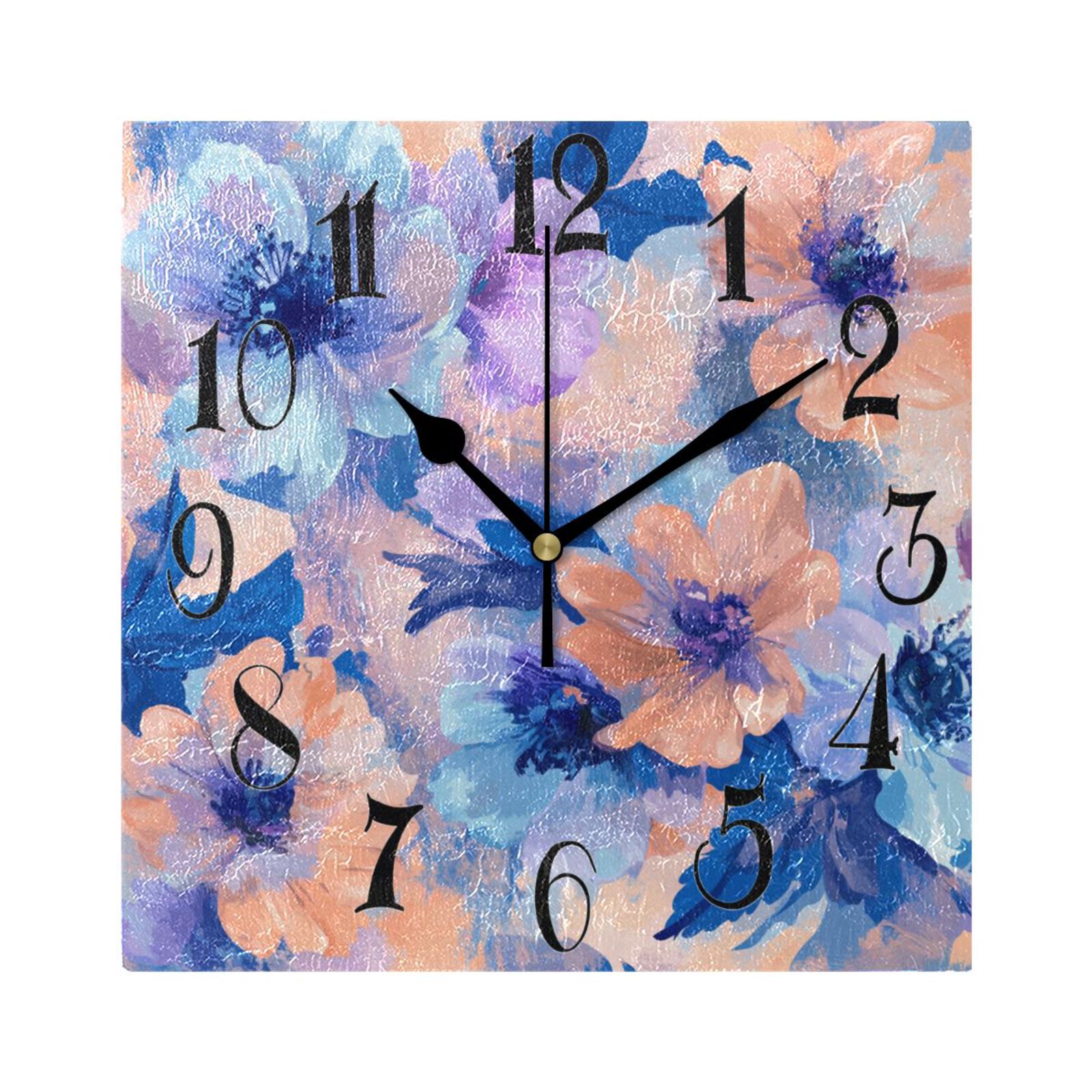 Blue Orange Flowers Wall Clock Decorative Square Silent Non-Ticking ...