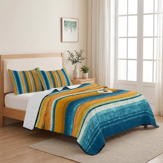 Blue and Orange Gradient Stripes 3 Pieces Quilt Set,1 Quilt with 2 ...