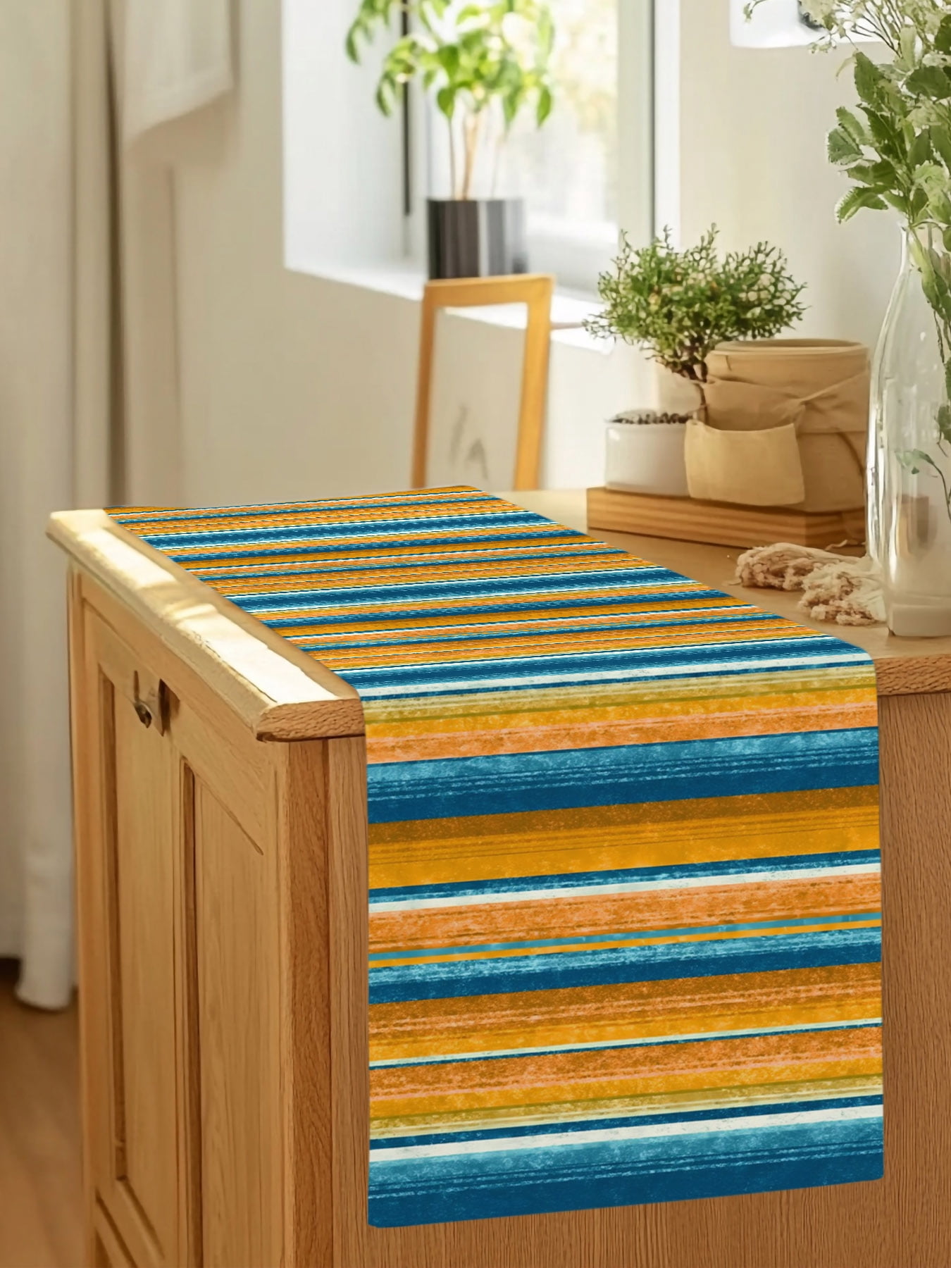 Blue and Orange Gradient Stripes Table Runner 13x70in Non-Slip Cotton ...
