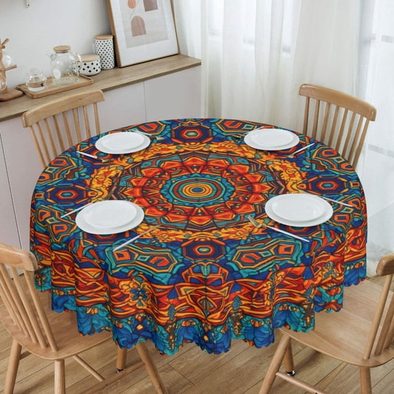 Blue Orange Mandala Round Tablecloth Waterproof Oil-Proof Plastic Table ...