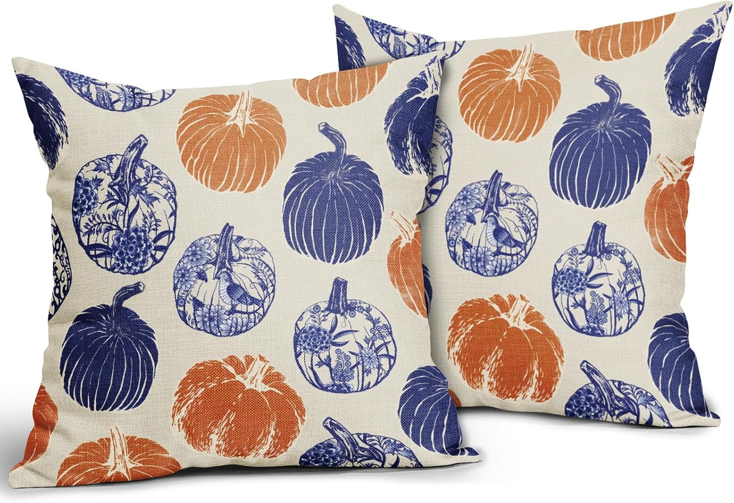 Blue Orange Pumpkin Fall Pillow Covers 16x16 Set of 2 Chinoiserie ...