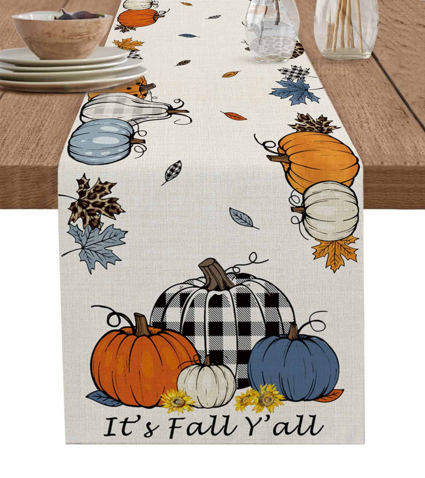 Blue Orange Pumpkins Fall Burlap-Cotton Table Runner 48 Inches Long ...