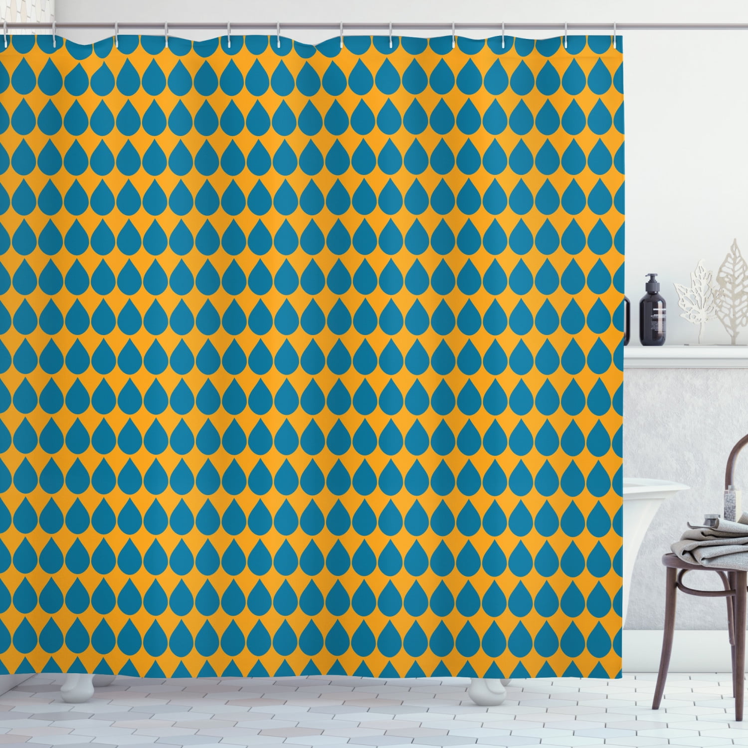 Blue and Orange Shower Curtain, Water Droplet Pattern with Warm Colored ...
