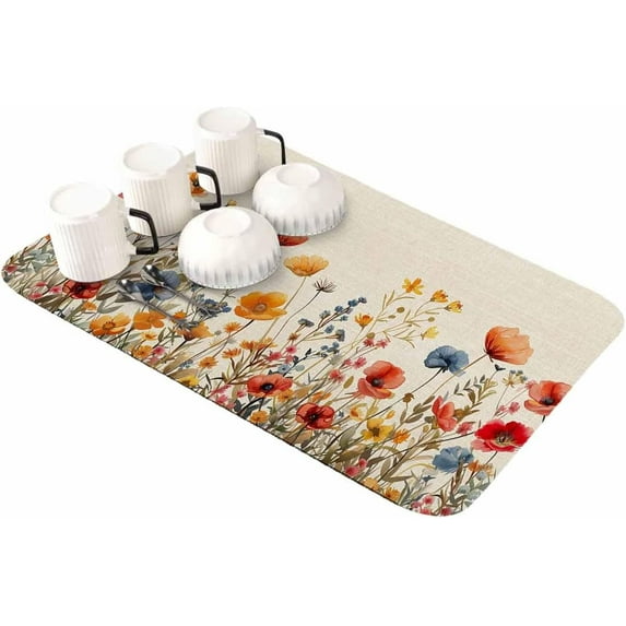 Blue Orange Spring Floral Dish Drying Mat for Kitchen Counter ...