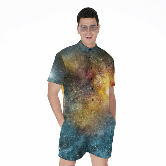 Blue Orange Stardust Galaxy Space Short Sleeve Men'S Rompers Casual ...