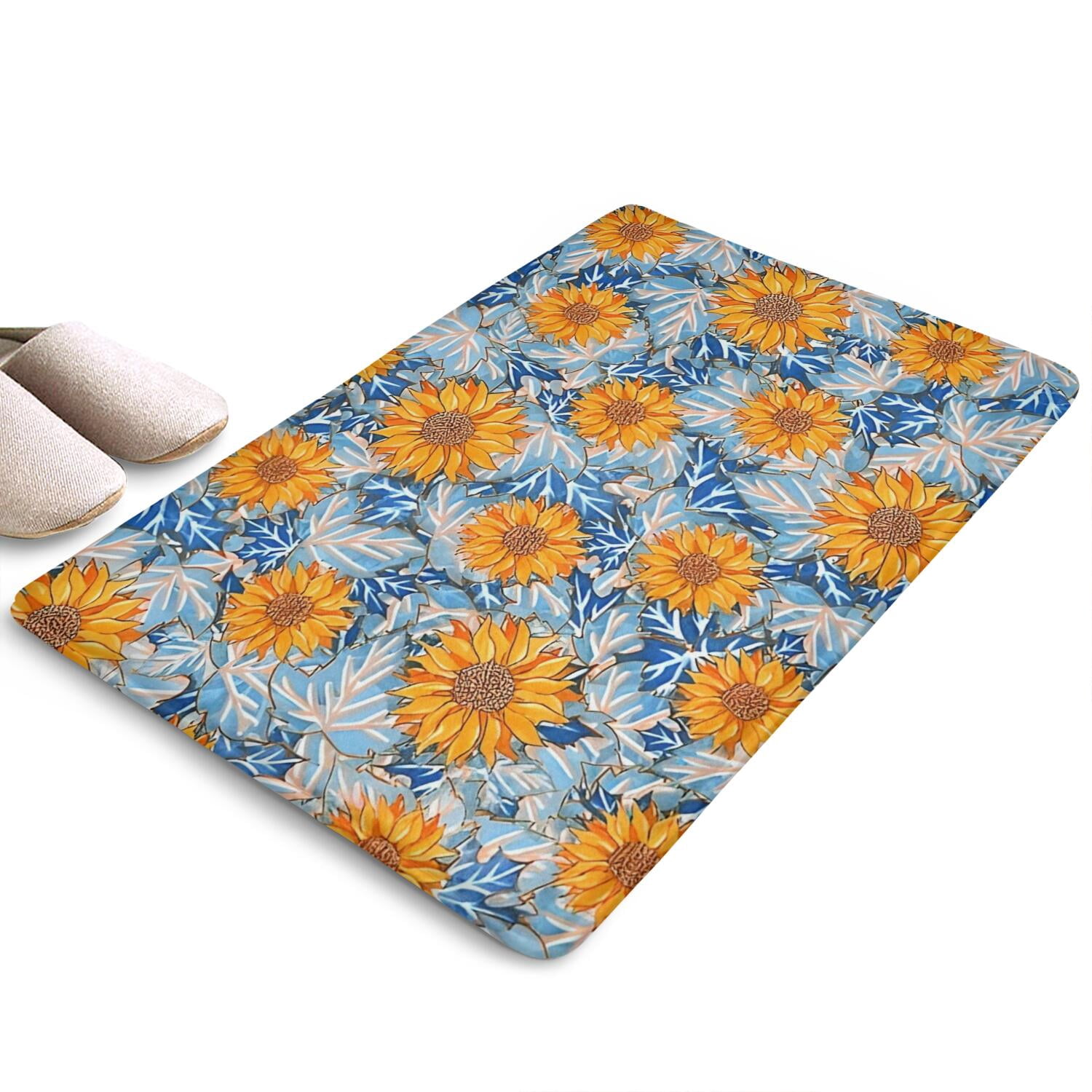Blue Orange Sunflower Leaf Flannel Non Slip Door Rugs,Washable Door ...