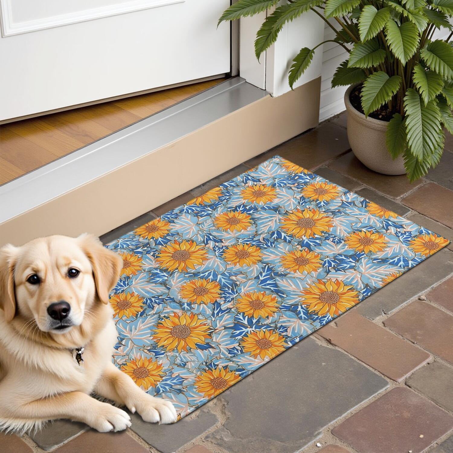 Blue Orange Sunflower Leaf Pattern Door Rugs,Washable Non Slip Door ...