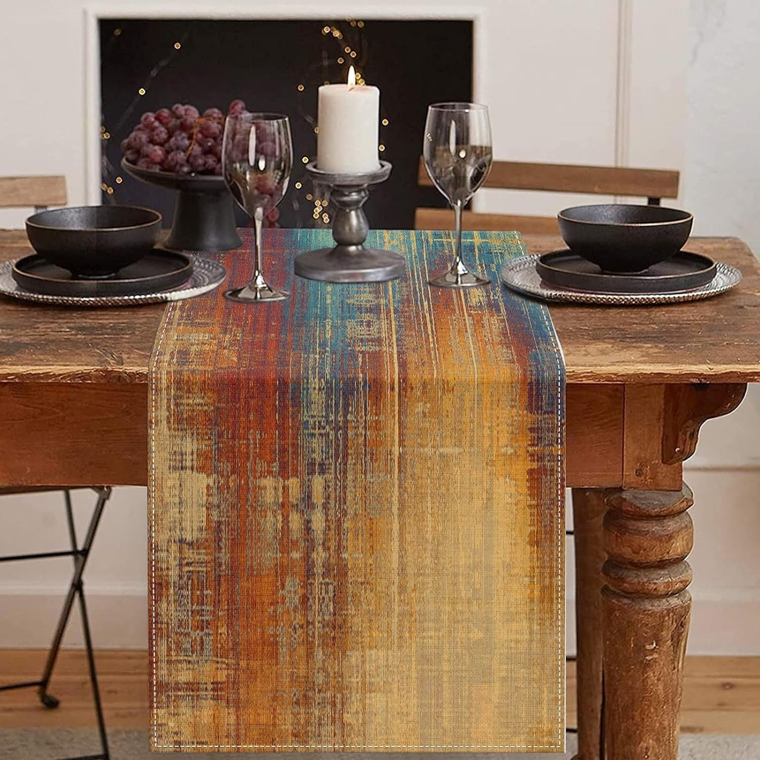 Blue and Orange Table Runner, Vintage Abstract Messy Rust Painting ...