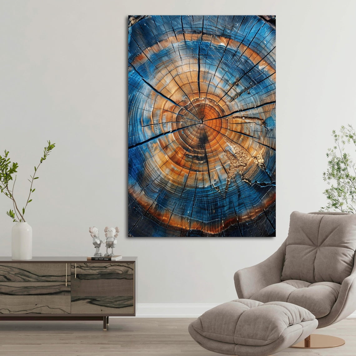 Blue Orange Tree Rings Art, Nature Inspired Abstract Wall Decor, Modern ...