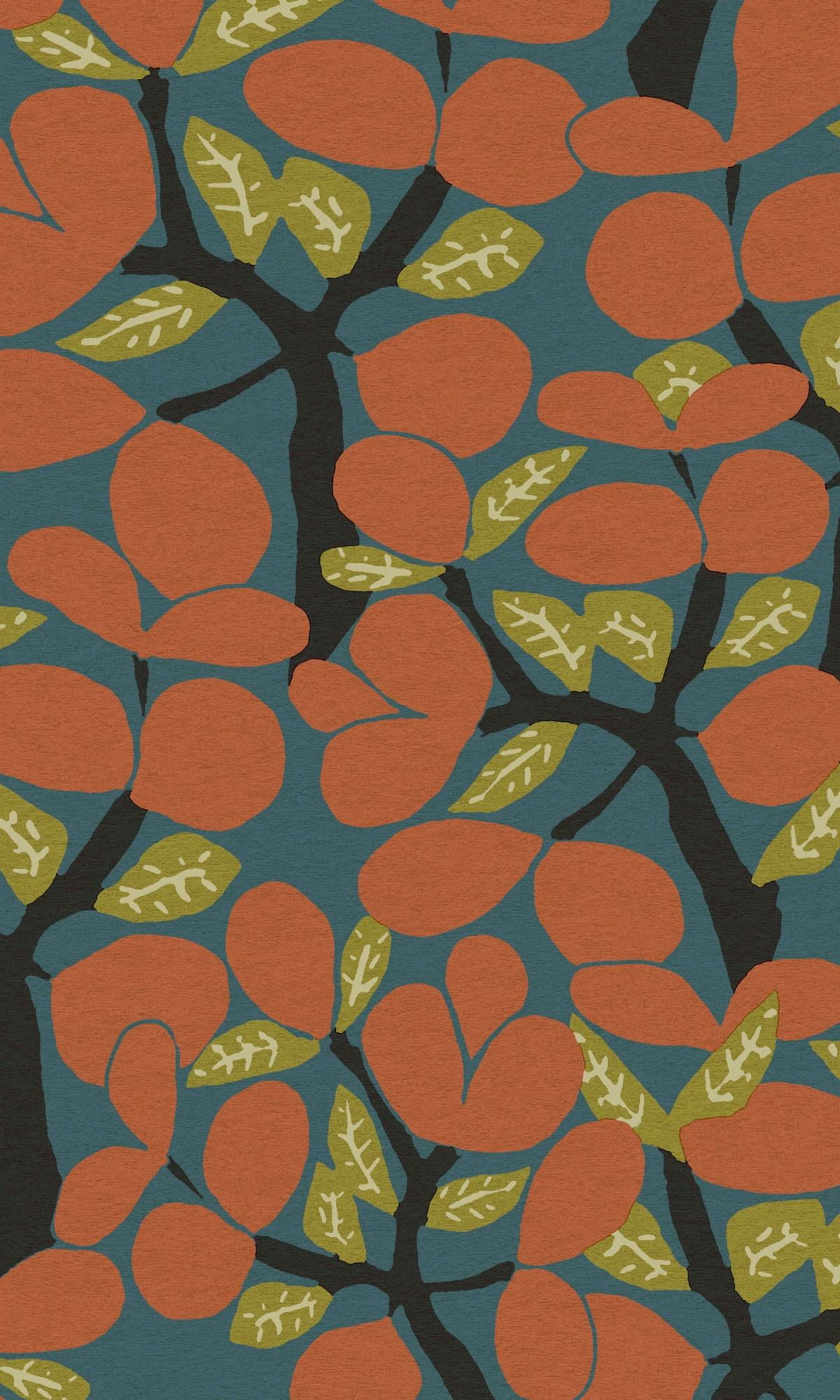 Blue & Orange Twig Tree Tropical Wallpaper, Double Roll, 57 sqft ...