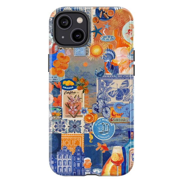 Blue and Orange Vintage Collage Phone Case, Artistic Mixed Media Design ...
