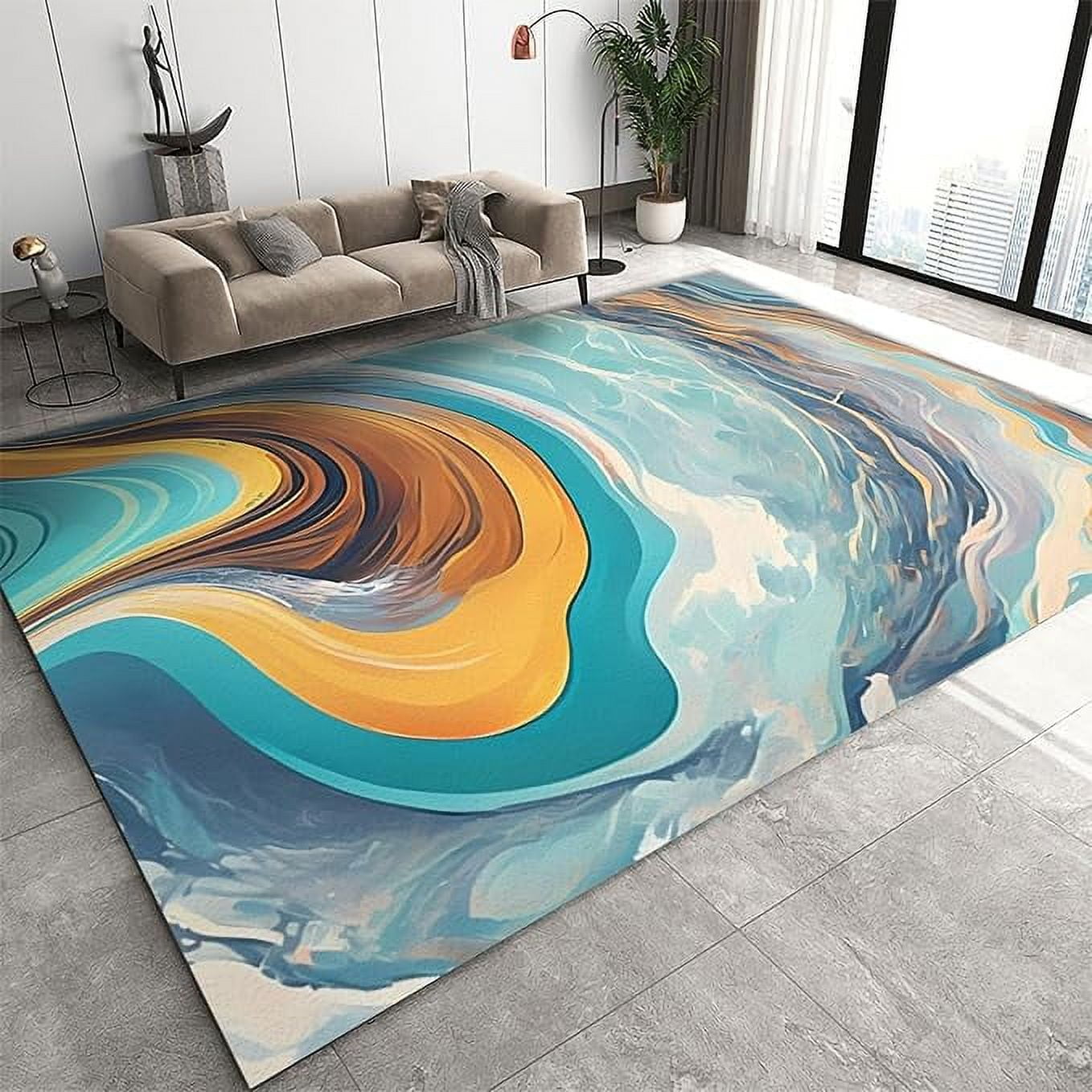 Blue Orange Watercolor Doodle Area Rug, Modern Art Abstract Indoor Non ...