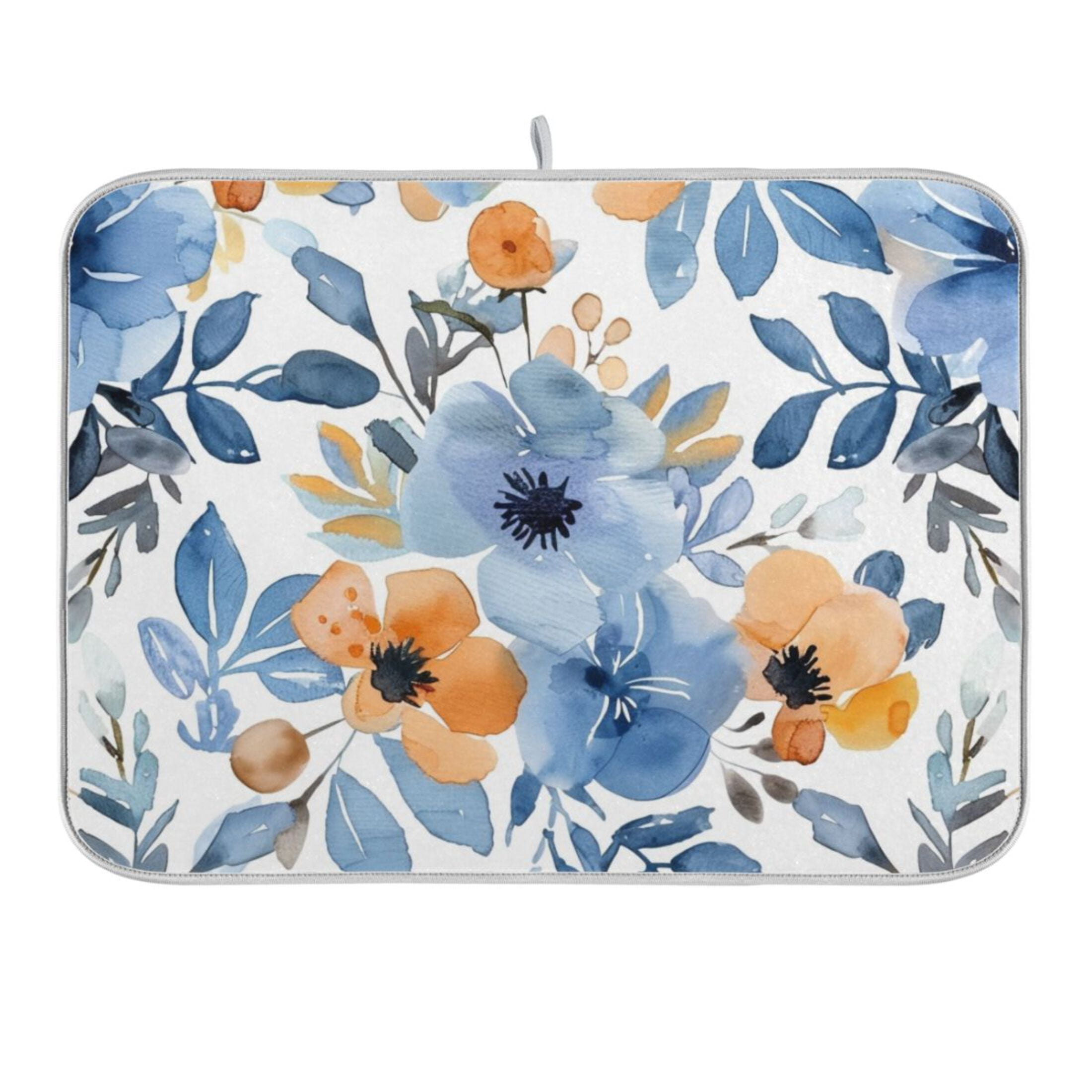 Blue and Orange Watercolor Floral Dish Drying Mat for Kitchen Counter ...