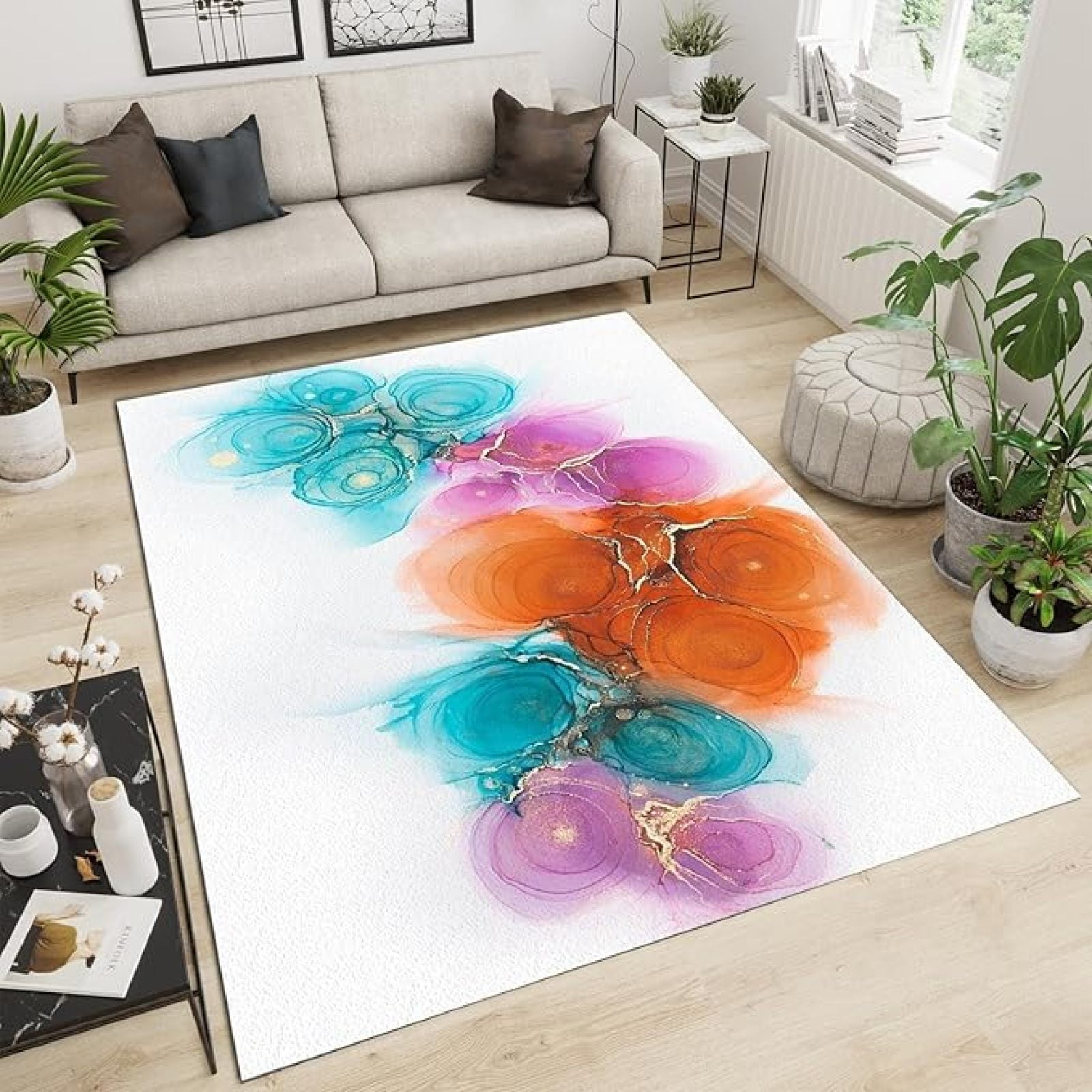Blue Orange Watercolor Flower Art Area Rugs, Retro Dreamy Doodle ...