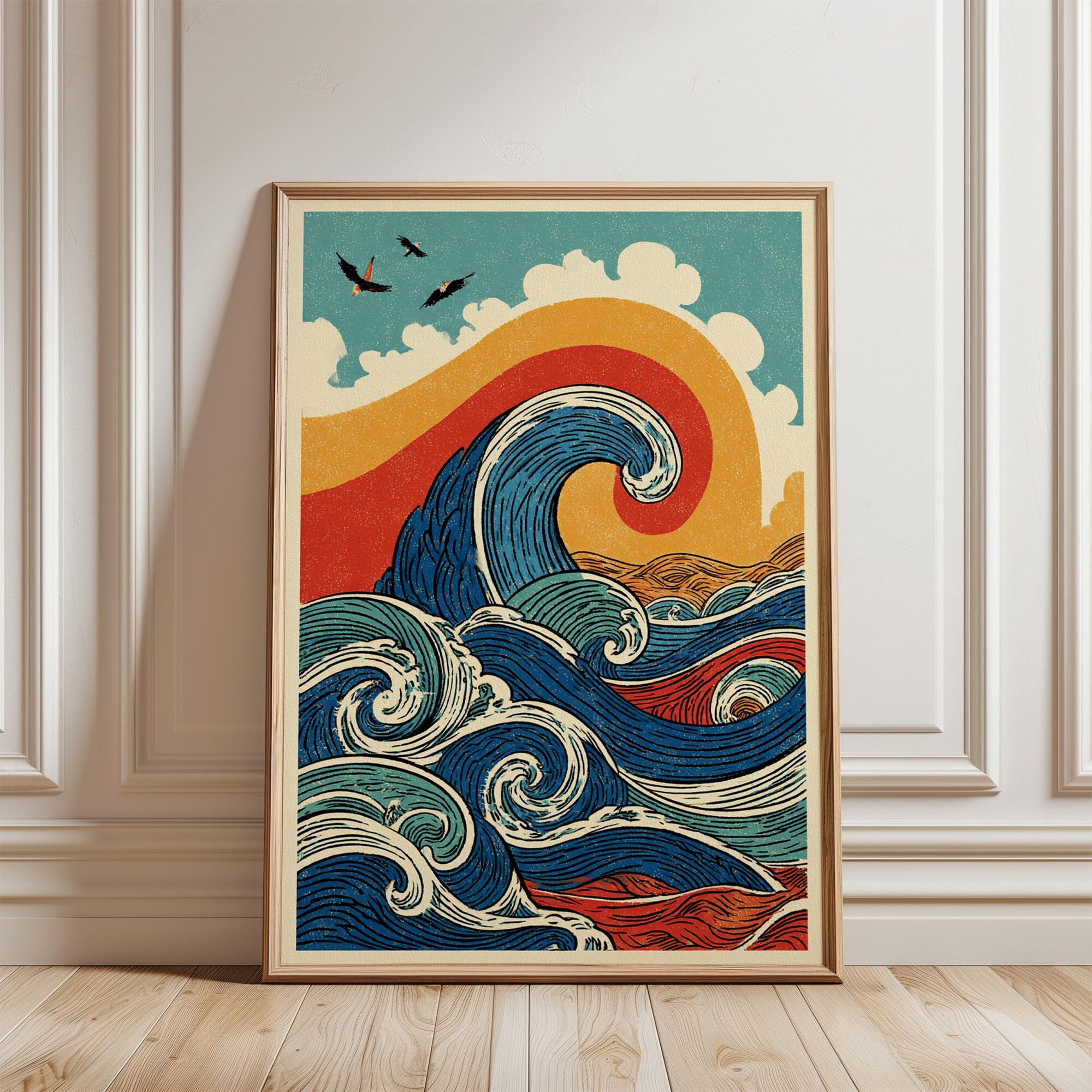 Blue Orange Wave Poster Stylised Ocean Illustration Graphic Japanese ...