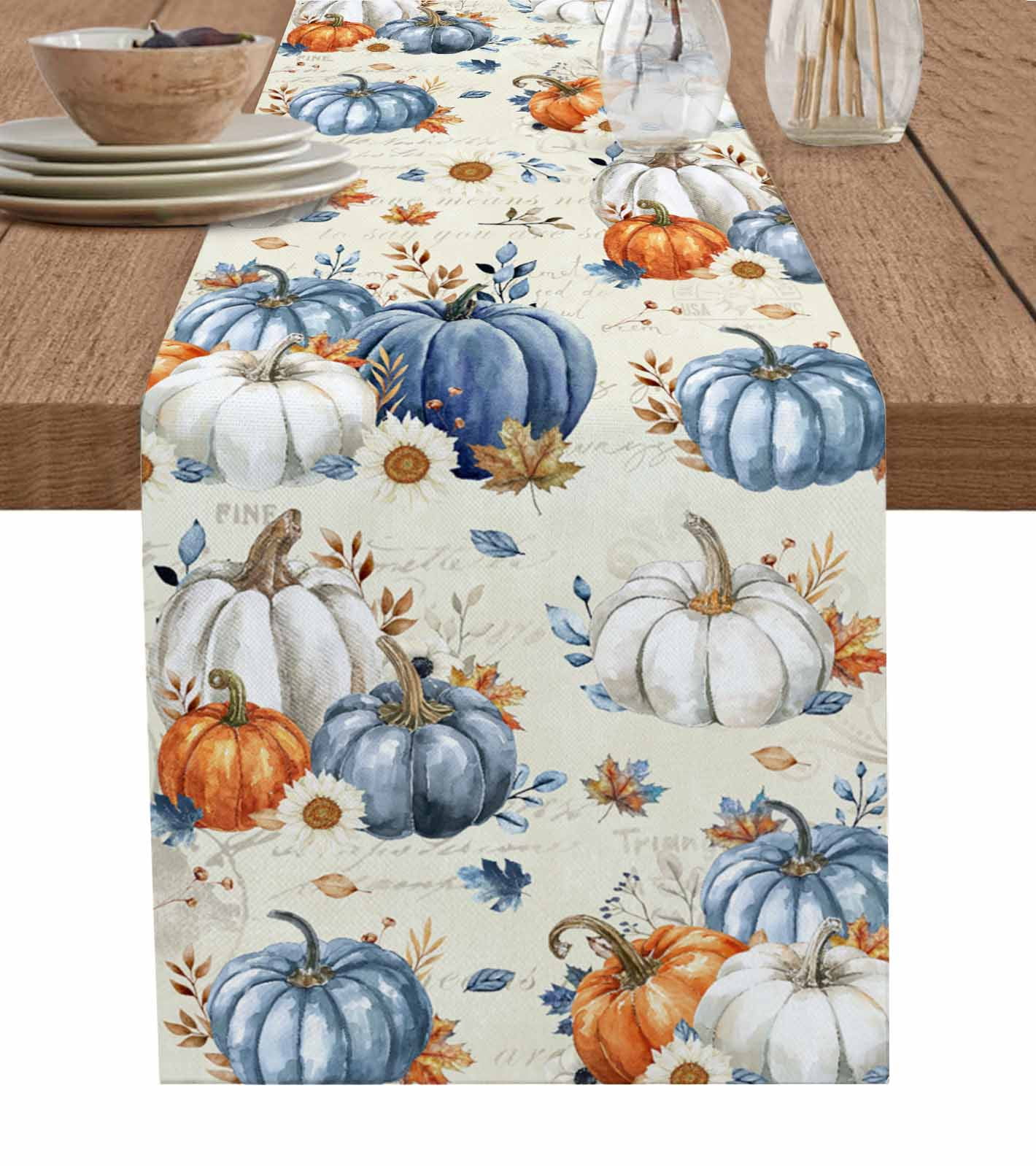 Blue Orange White Fall Burlap-Cotton Table Runner 70 Inches Long ...
