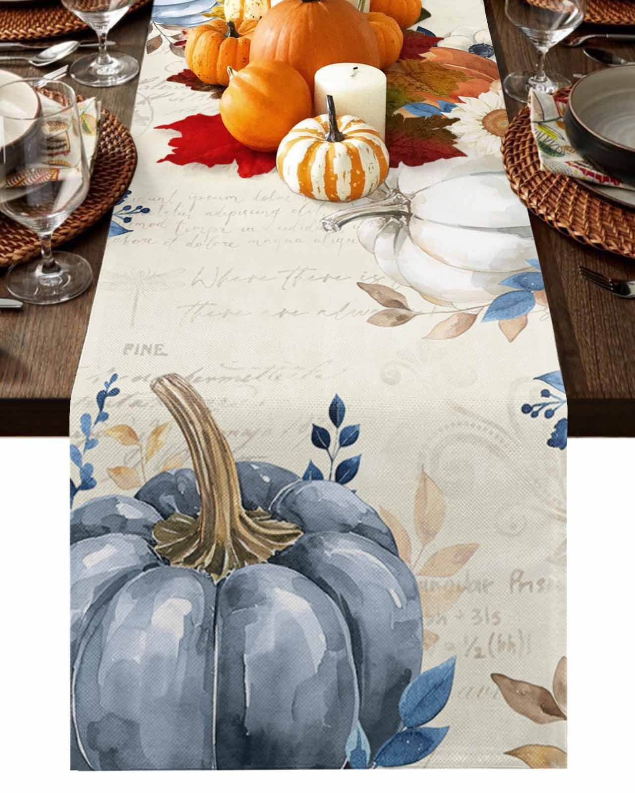 Blue Orange White Pumpkins Table Runner-Cotton Linen- 70 Inch Holiday ...