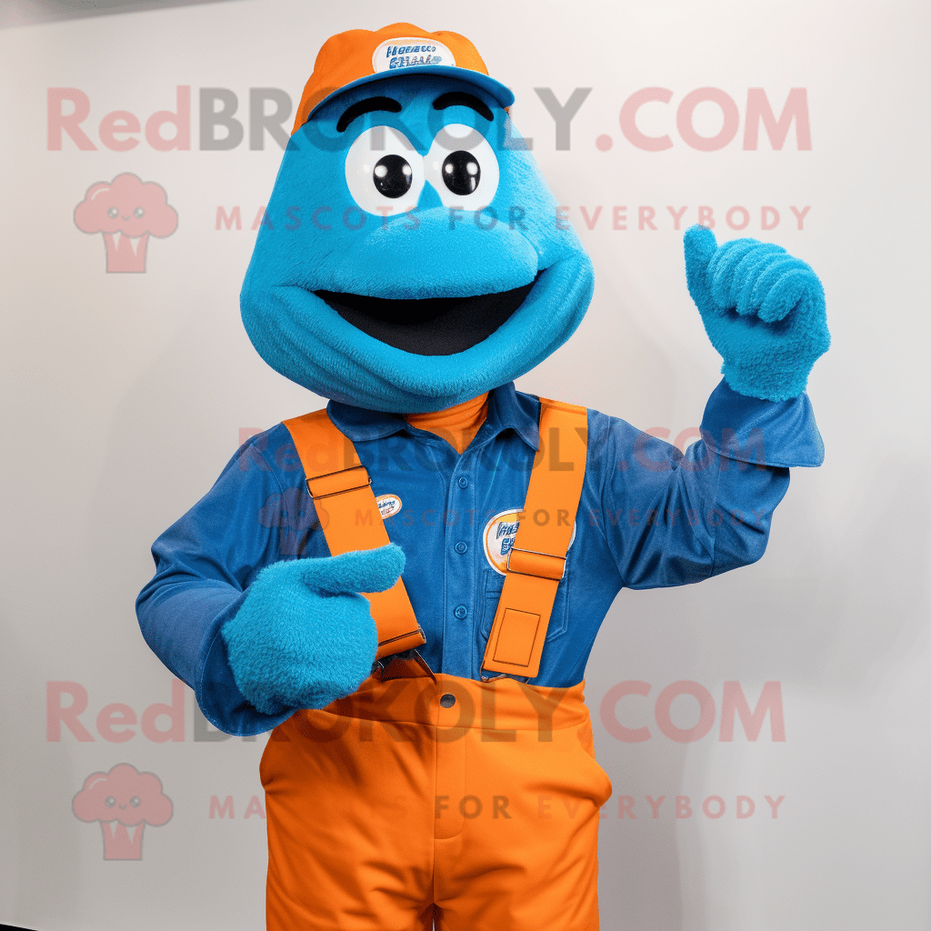 Blue Orange REDBROKOLY mascot costume character dressed with a Button ...