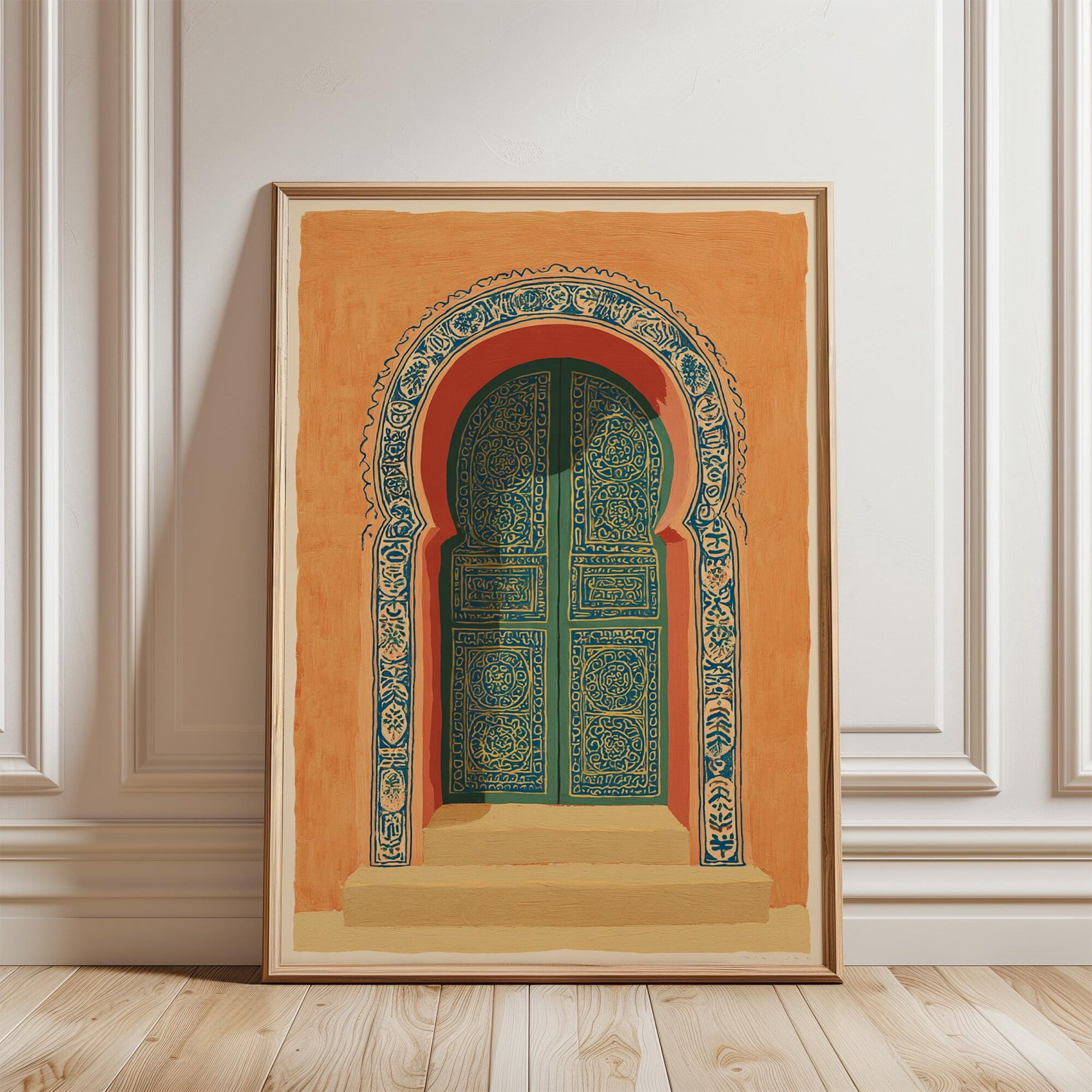 Blue Ornate Arched Door Poster Moroccan Architectural Illustration Hand ...