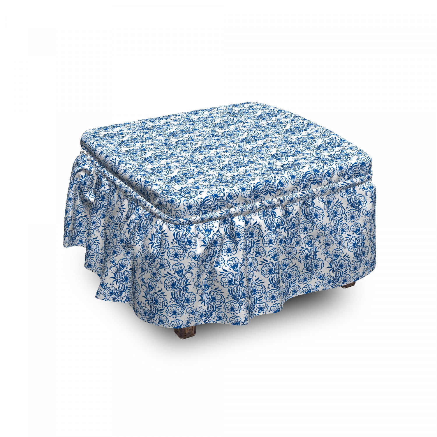 Blue Ottoman Cover, Russian Gzhel Style Flora, 2 Piece Slipcover Set ...