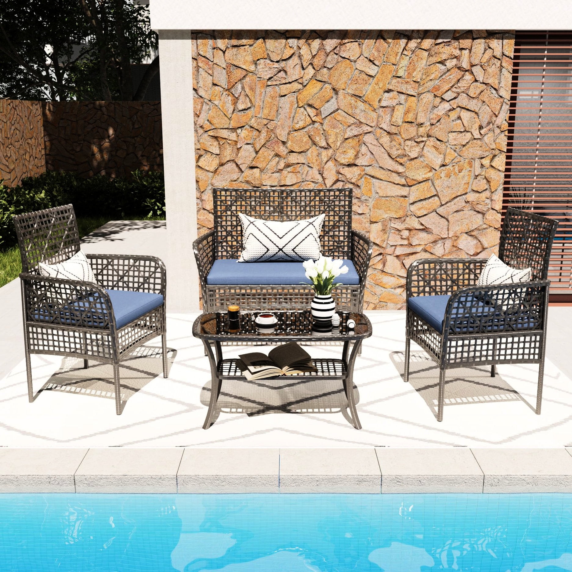 Blue Outdoor Patio Set with Storage Coffee Table and Soft Cushions ...
