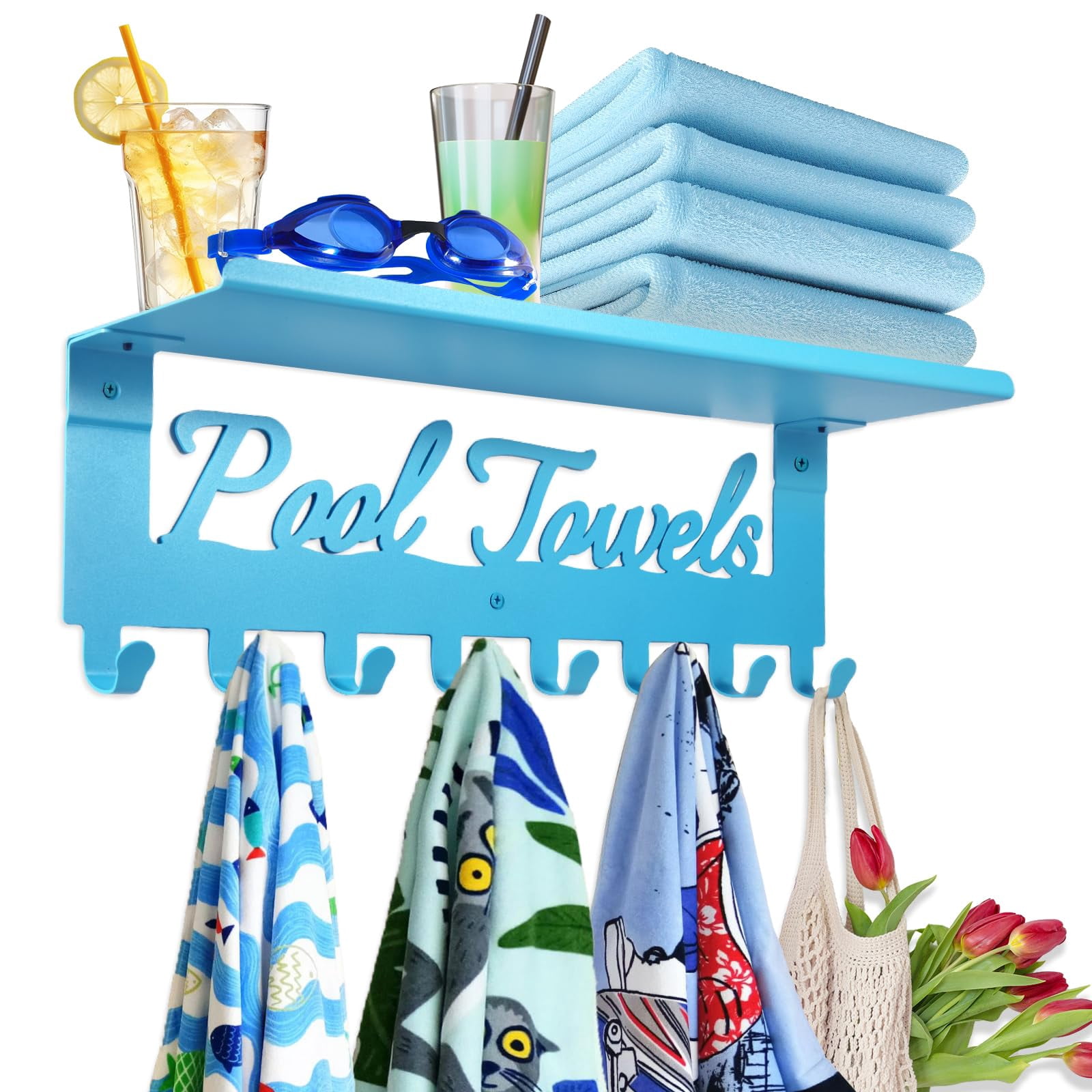 Blue Outdoor Pool Towel Rack with Shelf Pool Decor Wall Hooks Towel ...