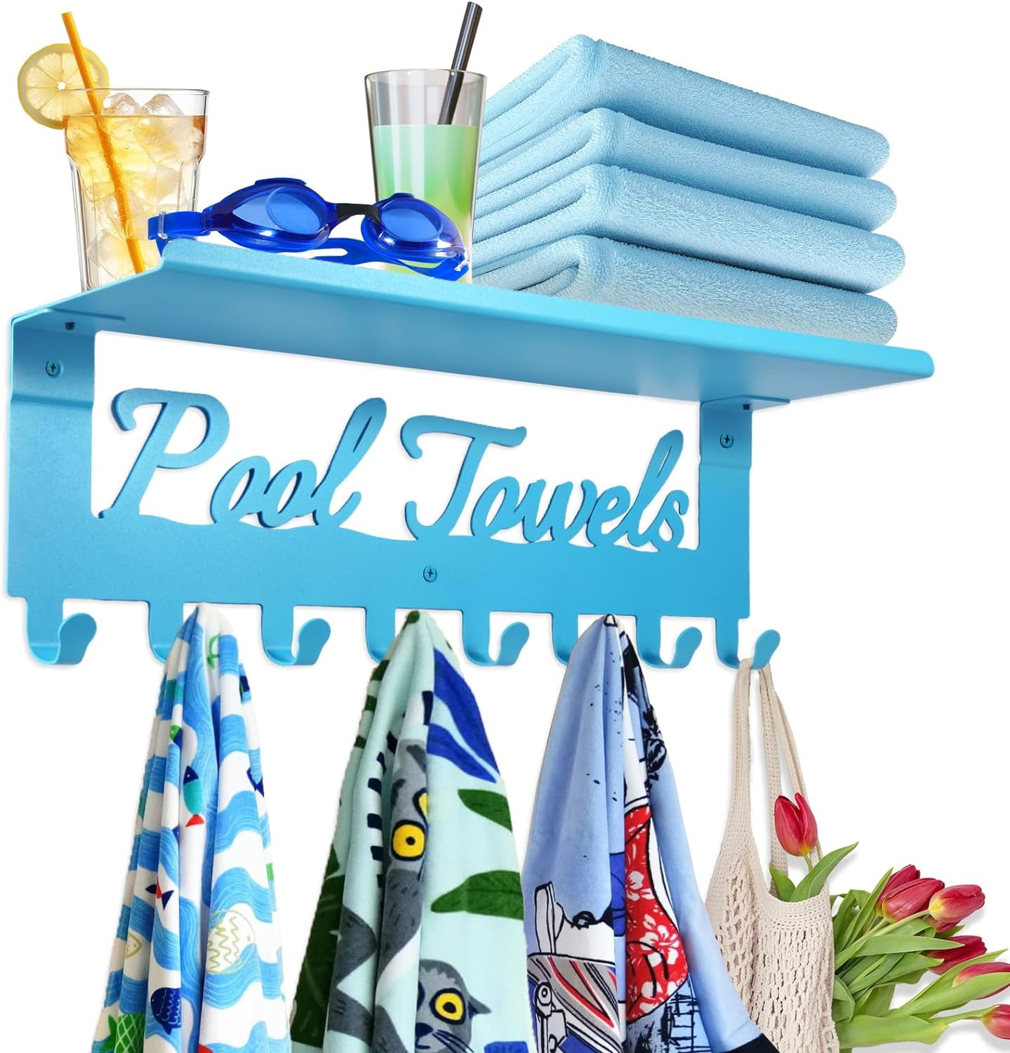 Blue Outdoor Pool Towel Rack with Shelf Pool Decor Wall Hooks Towel ...