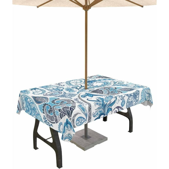 Blue Outdoor Tablecloth with Umbrella Hole Rectangle, Ethnic Abstract ...