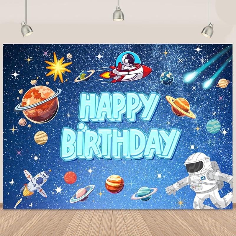 Blue Outer Space Theme Birthday Backdrop Astronaut Happy Birthday ...