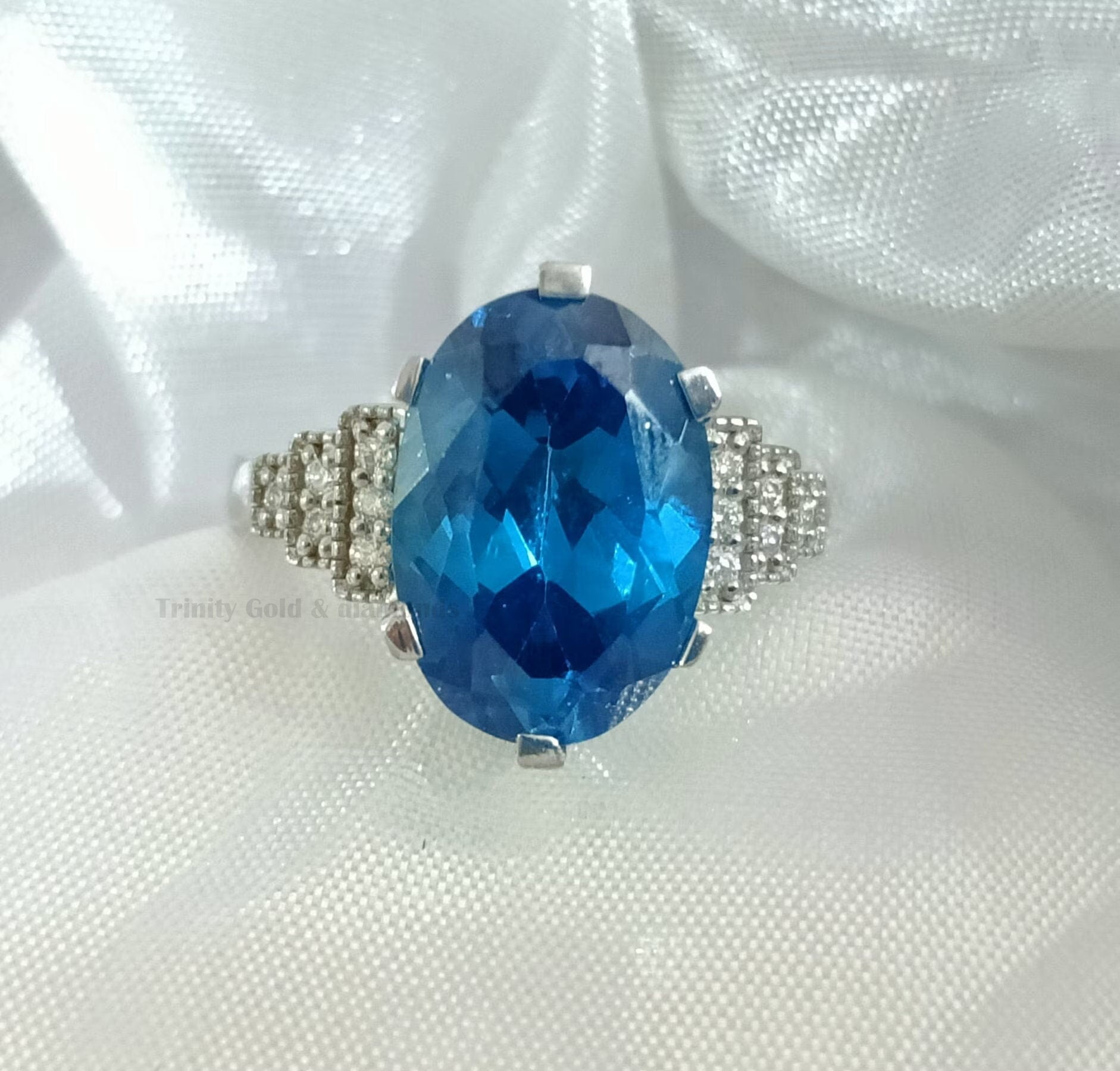 Blue Oval Topaz Engagement Ring, Topaz And Moissanite Diamond Ring, Sterling Silver Topaz Ring ...