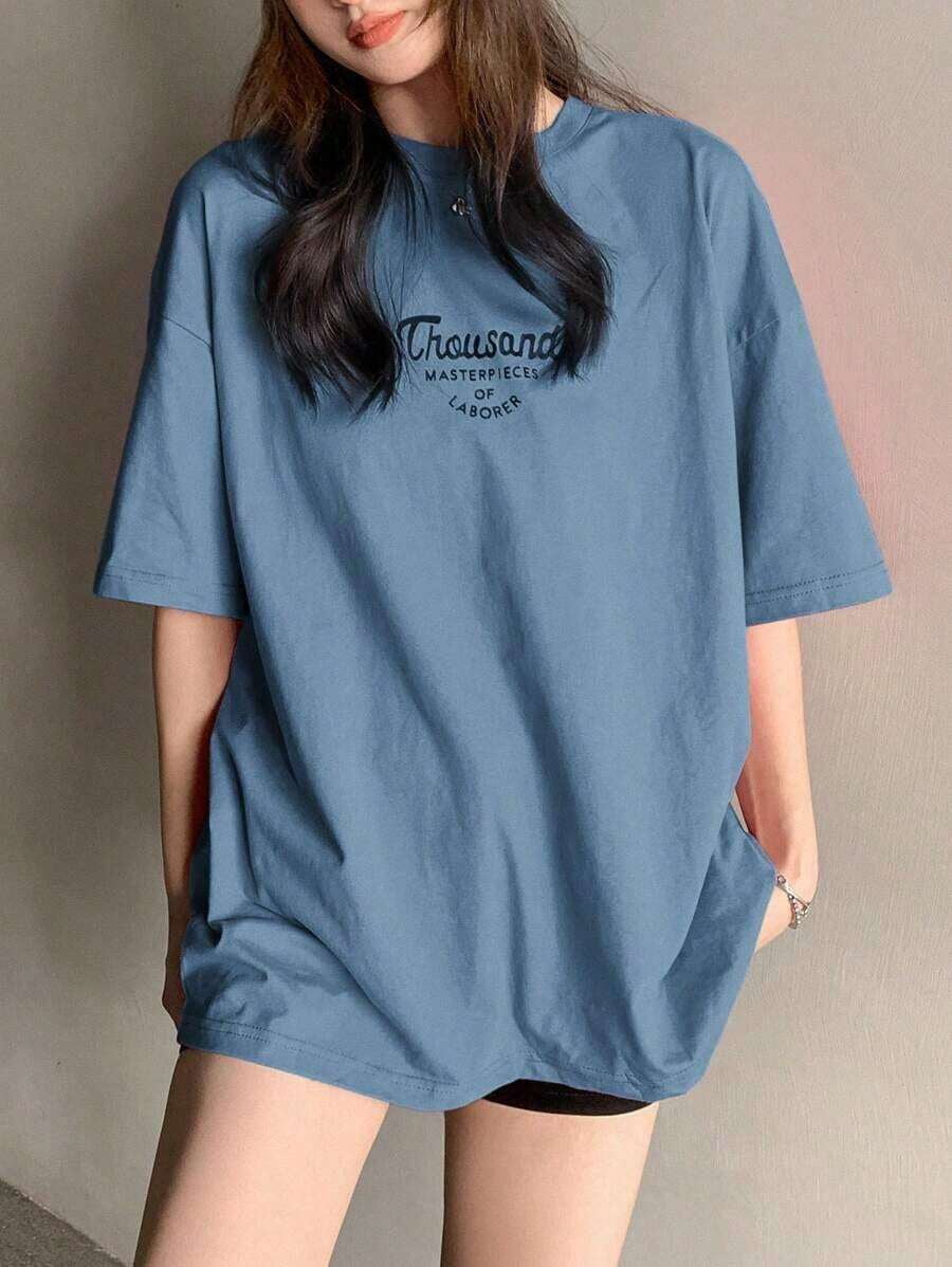 Blue Oversized Drop Shoulder Graphic Print Tee Women Casual Summer T ...