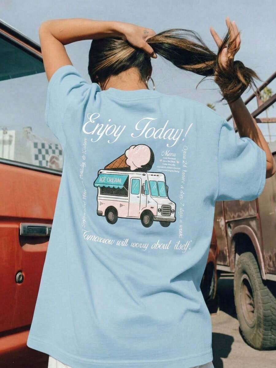 Blue Oversized Graphic T-Shirt With Ice Cream Truck Print, Crew Neck ...
