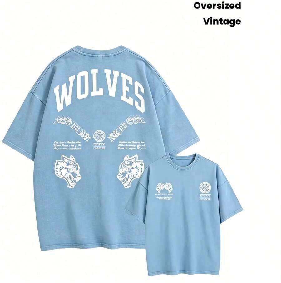 Blue Oversized Vintage Washed Wolf Graphic T-Shirt, Unisex Loose Fit ...