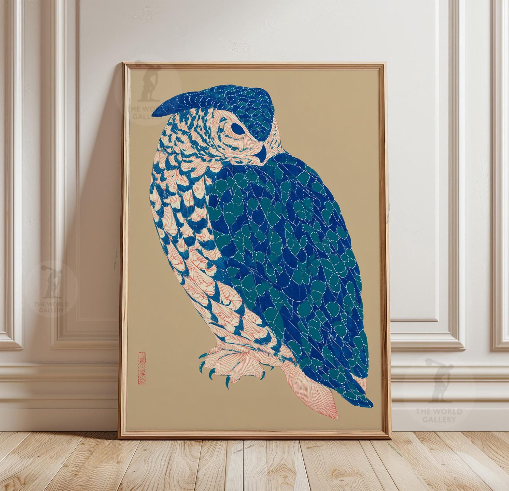 Blue Owl Folk Art Print Japanese Woodblock Style Bird Wall Art ...
