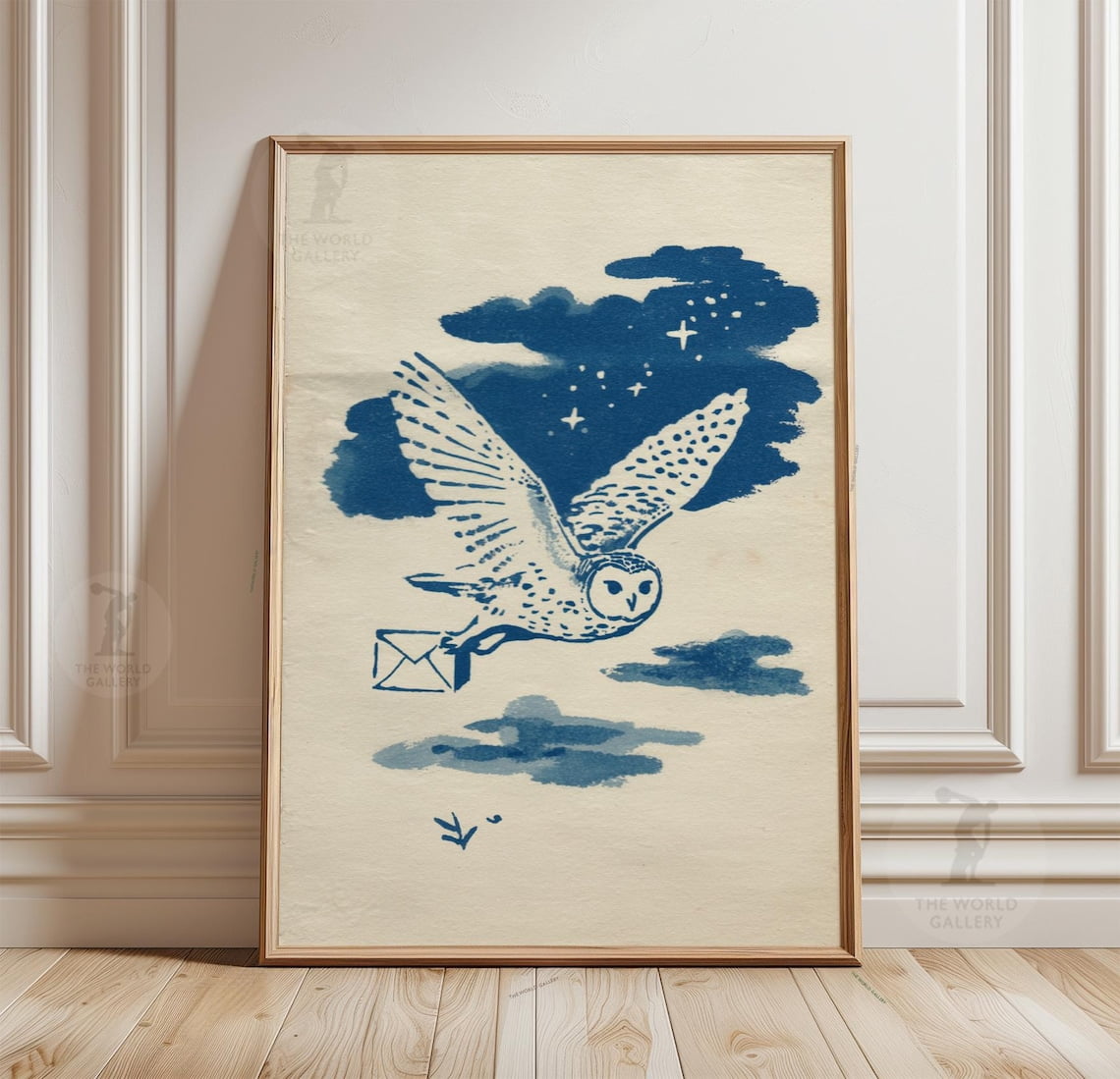 Blue Owl Night Folk Art Paper Poster Whimsical Bird Wall Art Decor ...