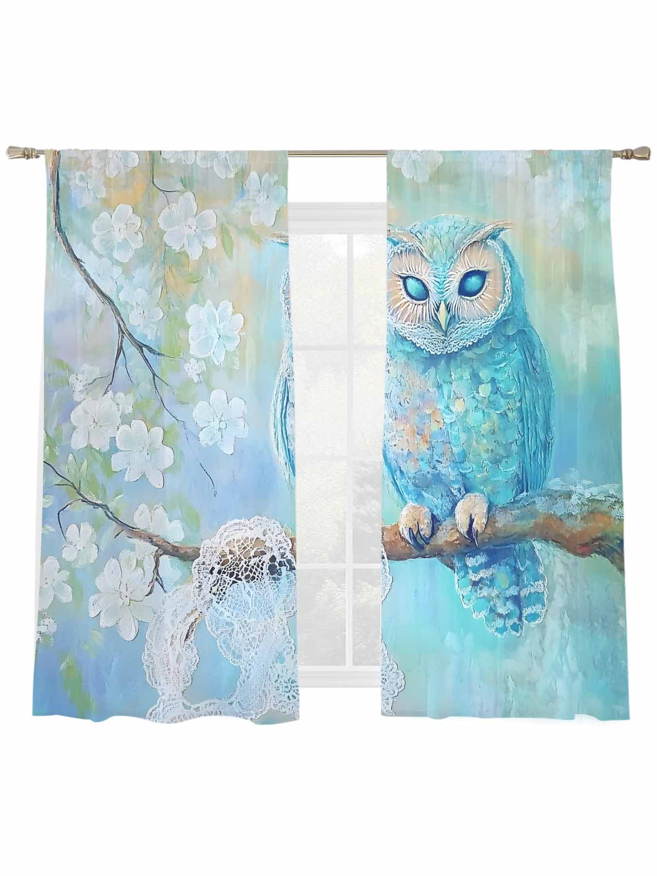 Blue Owl Sheer Curtains 2 Panels Set Vintage Branch Sheer Window ...