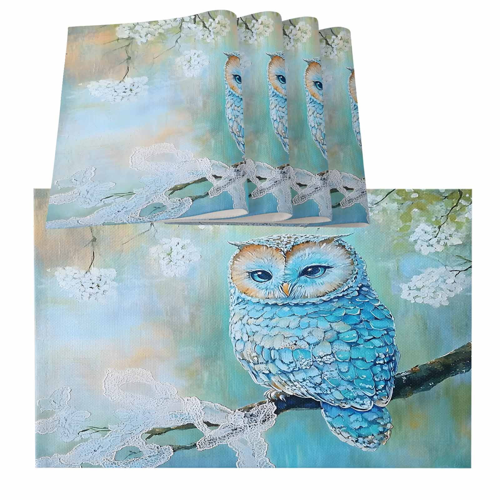 Blue Owl Watercolor Flower Bird on Branch Burlap Kitchen Place Mats ...