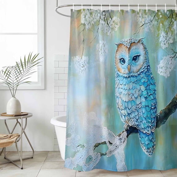 Blue Owl Waterproof Fabric Shower Curtain, Watercolor Flower Bird on ...