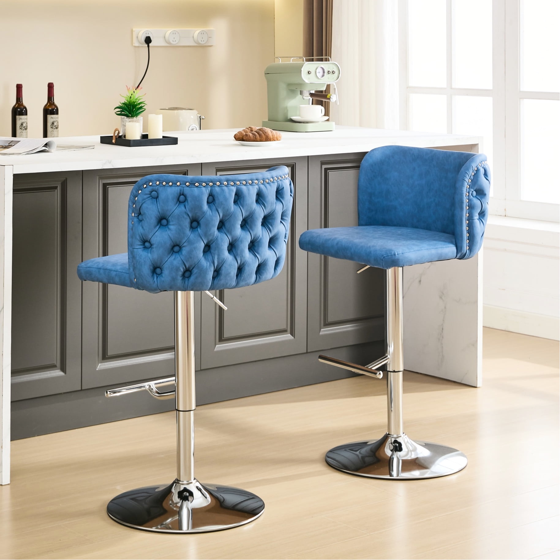 Blue PU Bar Stools with Back Tufted | 360° Rotation for Flexible Use ...