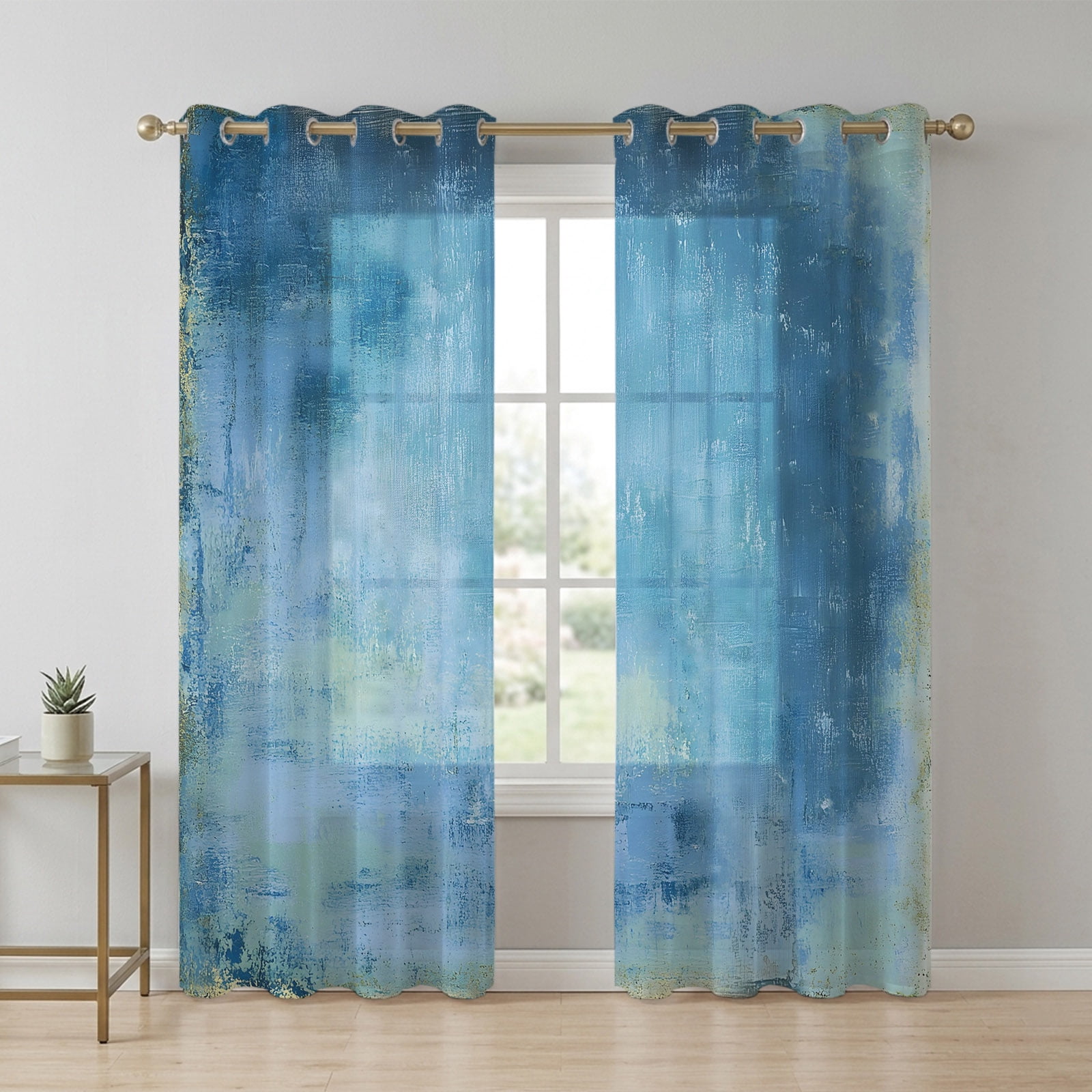 Blue Paint Sheer Curtains 96 Inch Long 2 Panels, Modern Abstract Retro ...