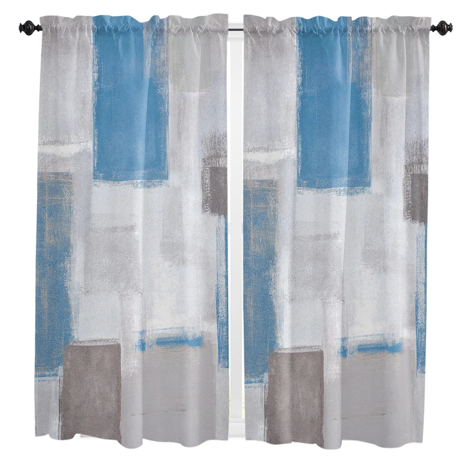 Blue Paint Square Graffiti Small Curtain Rod Pocket Short Curtains Half ...