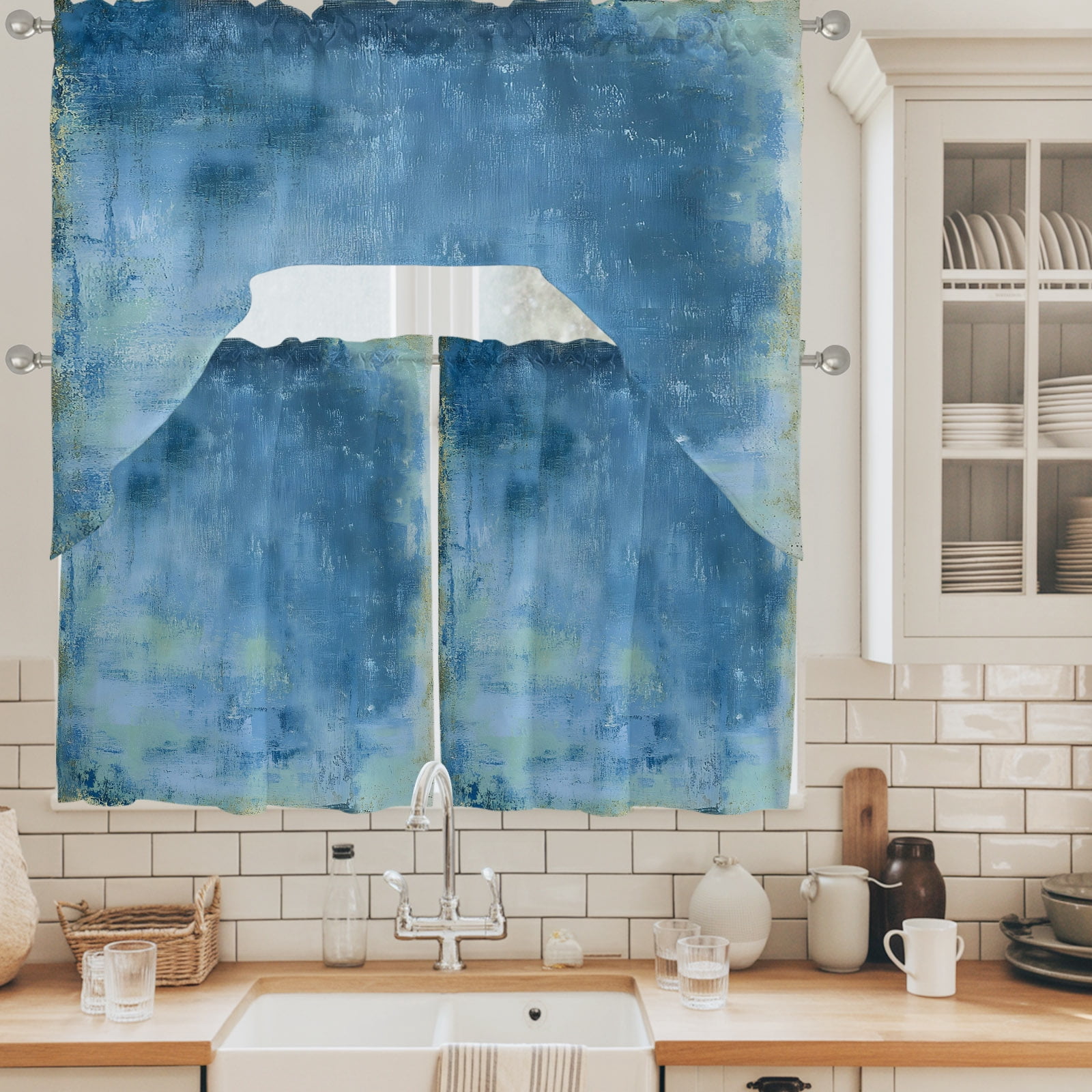 Blue Paint Swag Curtains Valance and Tier Set, Modern Abstract Retro ...