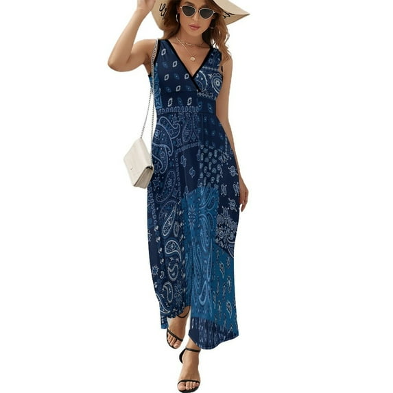 Blue Paisley Bandana Patchwork Dress Summer Street Style Bohemia Long ...