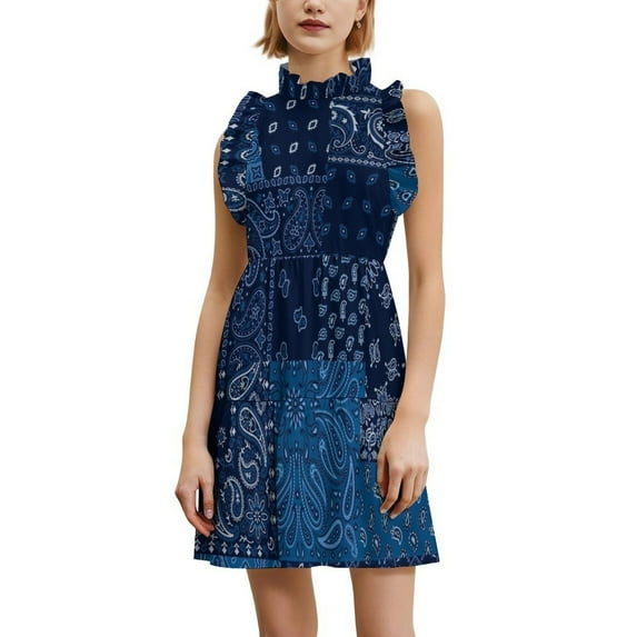 Blue Paisley Bandana Patchwork Women's Fashion Casual Dress Summer ...