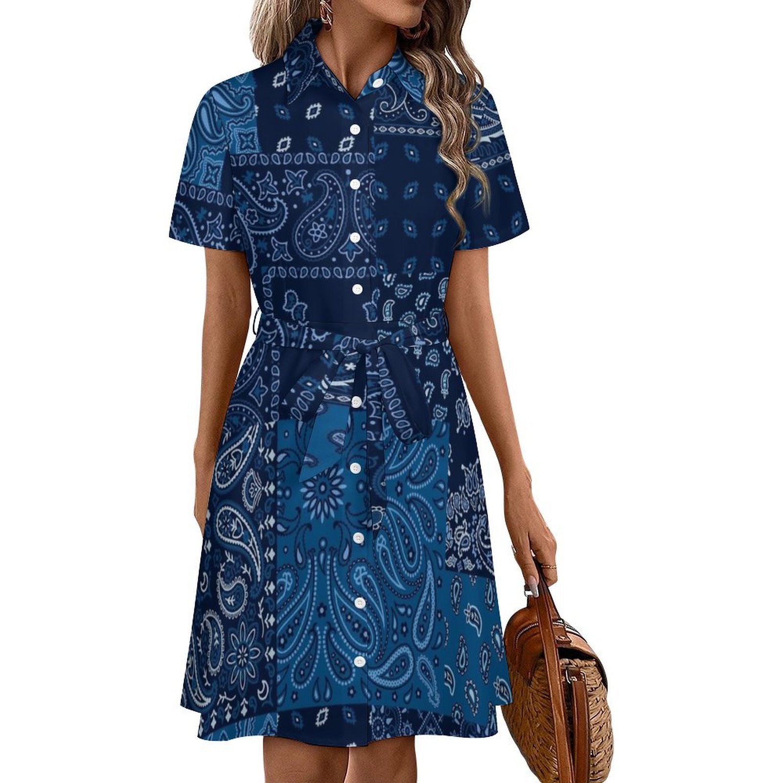 Blue Paisley Bandana Patchwork Womens Shirt Dresses Women'S Short ...
