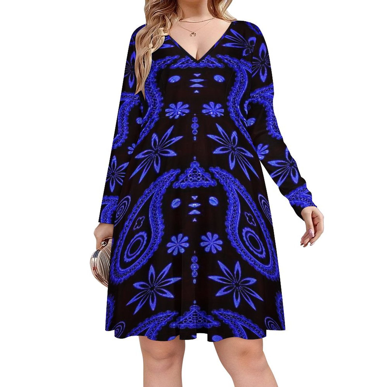 Blue Paisley Bandana Pattern Long Sleeve Dresses For Women Vintage ...