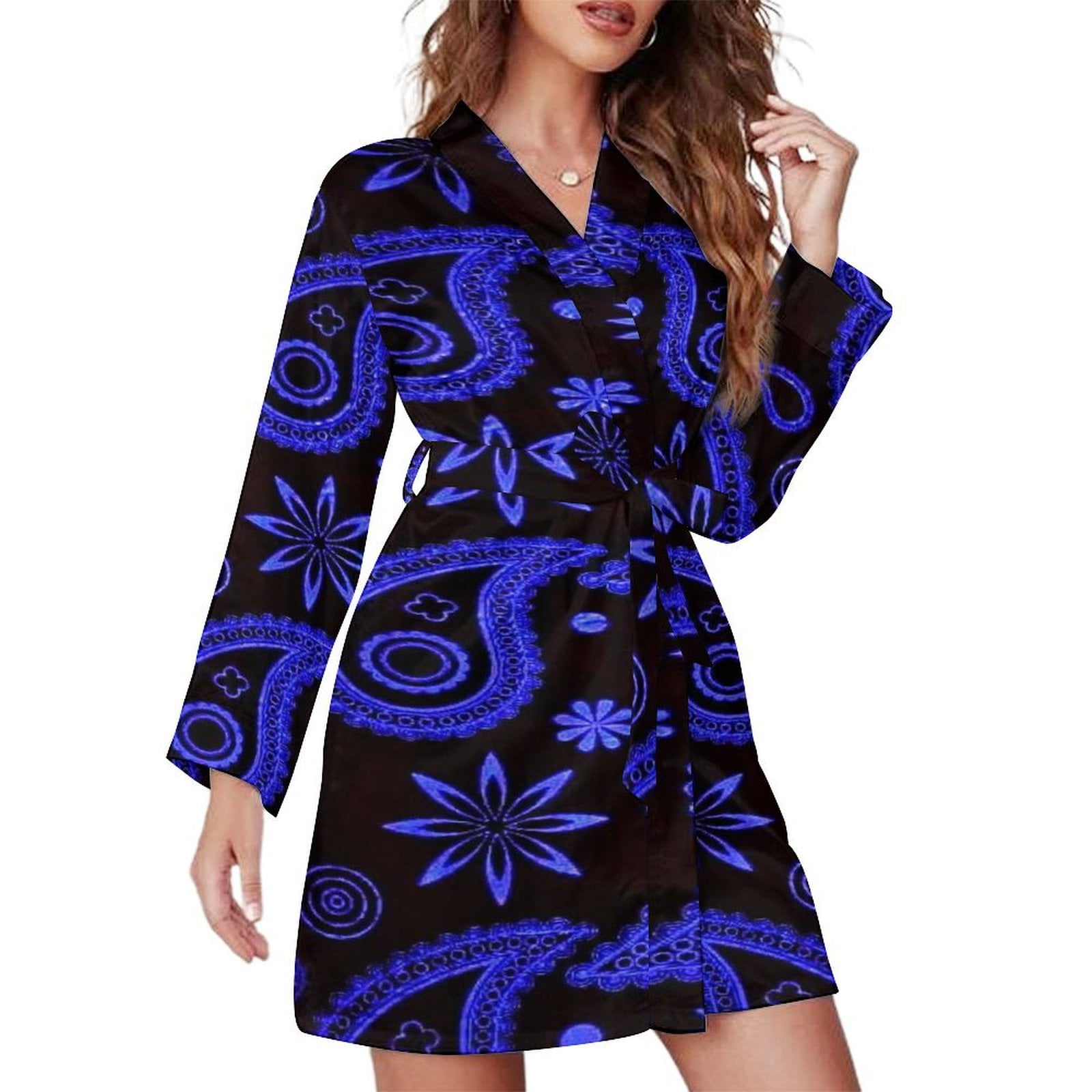 Blue Paisley Bandana Pattern Night Robe Long Sleeve V Neck Robe With ...