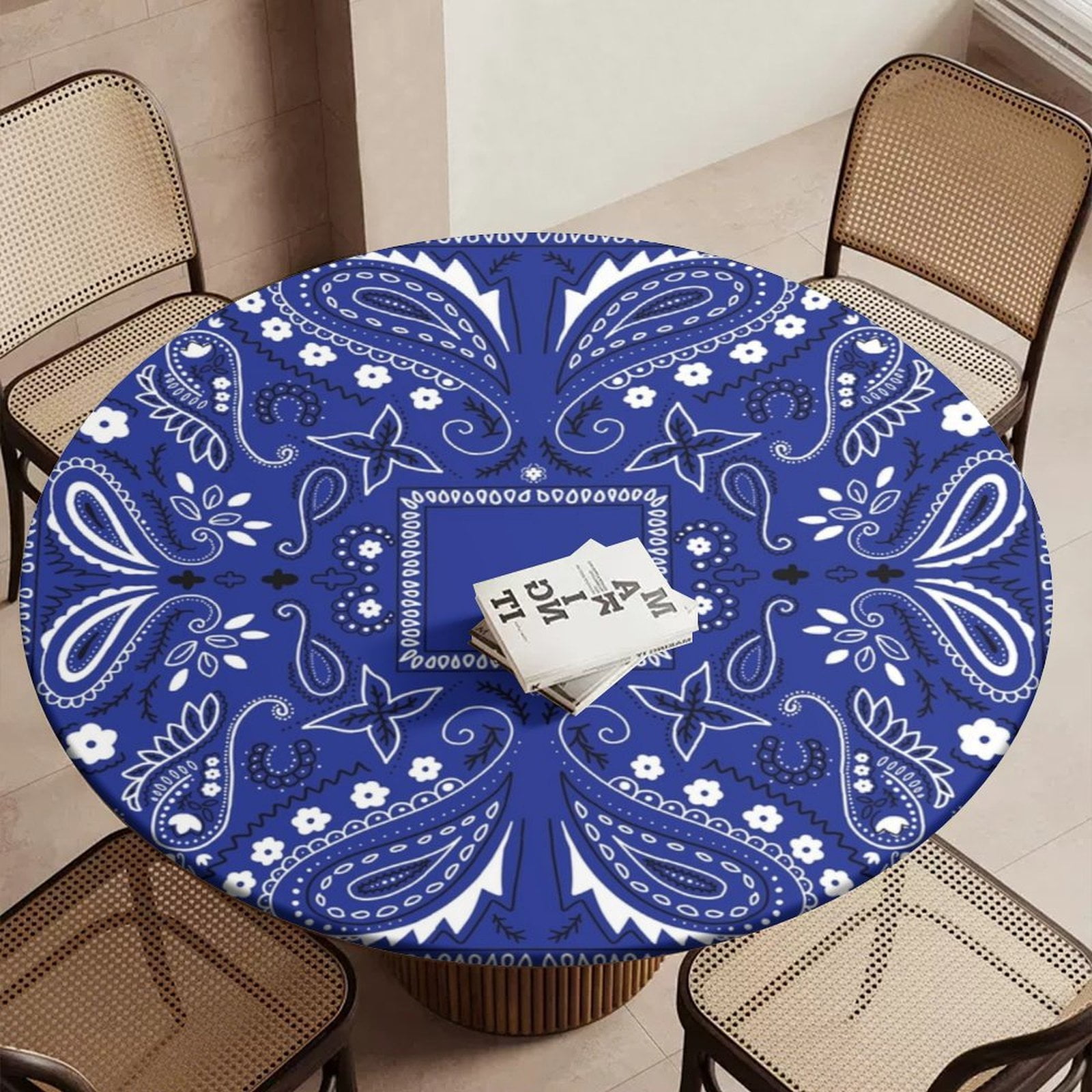 Blue Paisley Bandana Pattern Round Table Cover Kitchen Printed ...