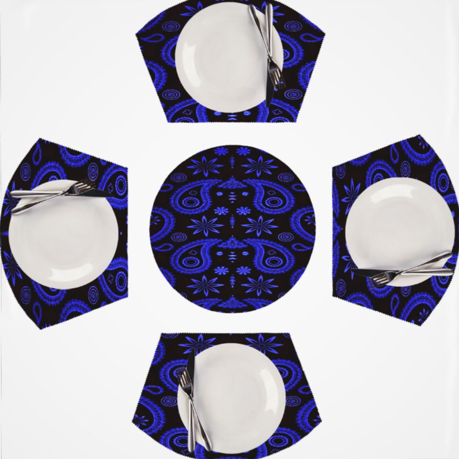 Blue Paisley Bandana Pattern Round Table Placemats Set Of 5 Wedge Table Mats Washable Heat ...